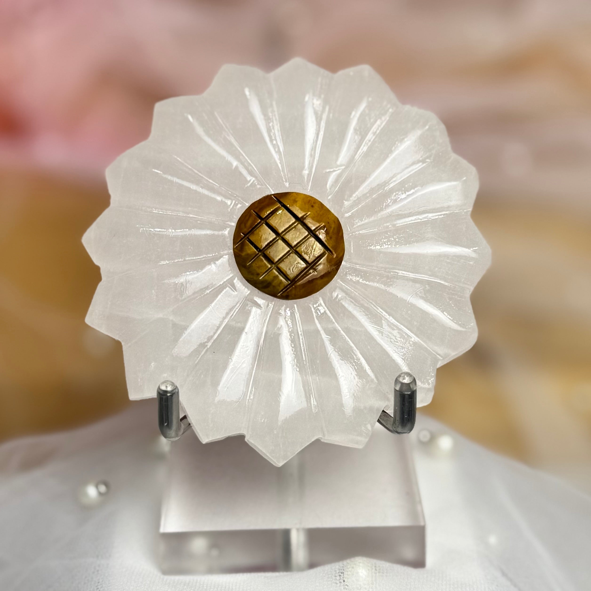 Mangano Calcite and Tigers Eye Sunflower Carving – Grounded Crystals